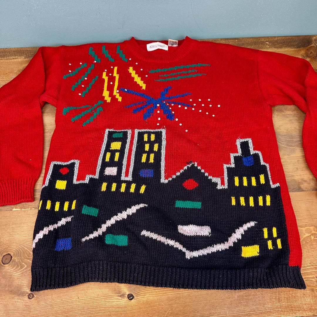 Adell Barre Red City Scene Sweater - Size M - 80s Sweater - Abstract ...