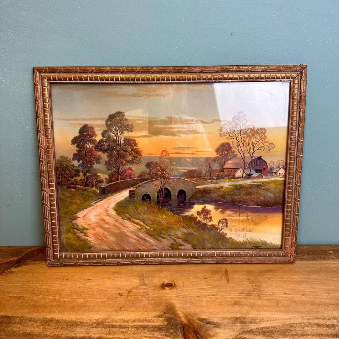 Mid Century Wood Gold Framed Farm Scene With Bridge With Glass Cover - Etsy