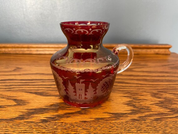 Egermann Ruby Red Etched Creamer Cut to Clear 4 Tall | Etsy