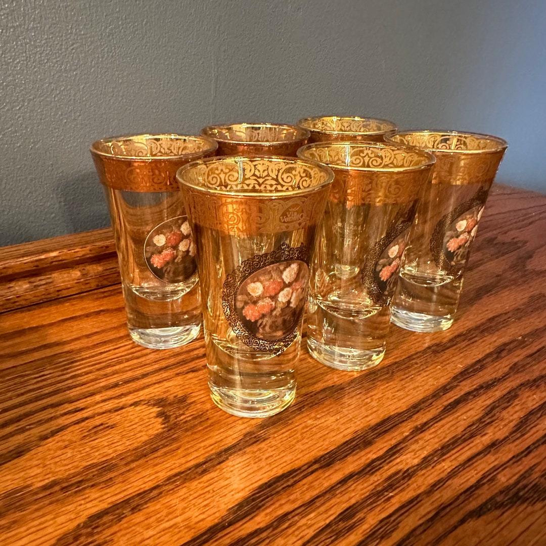 Set Of Six Gold Rimmed Shot Glasses With Floral Design Etsy