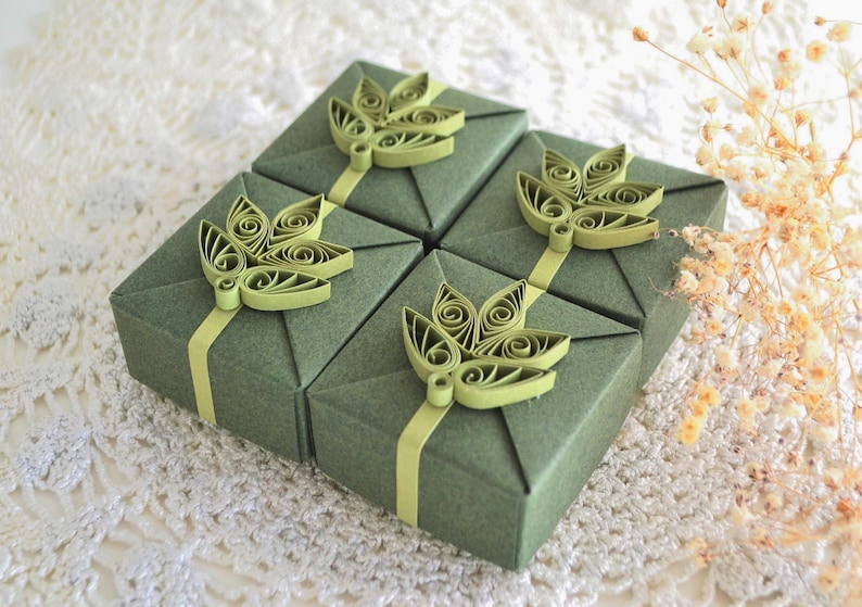 Set of Four Green Origami Gift Boxes With Quilling Ornament, Paper Box ...
