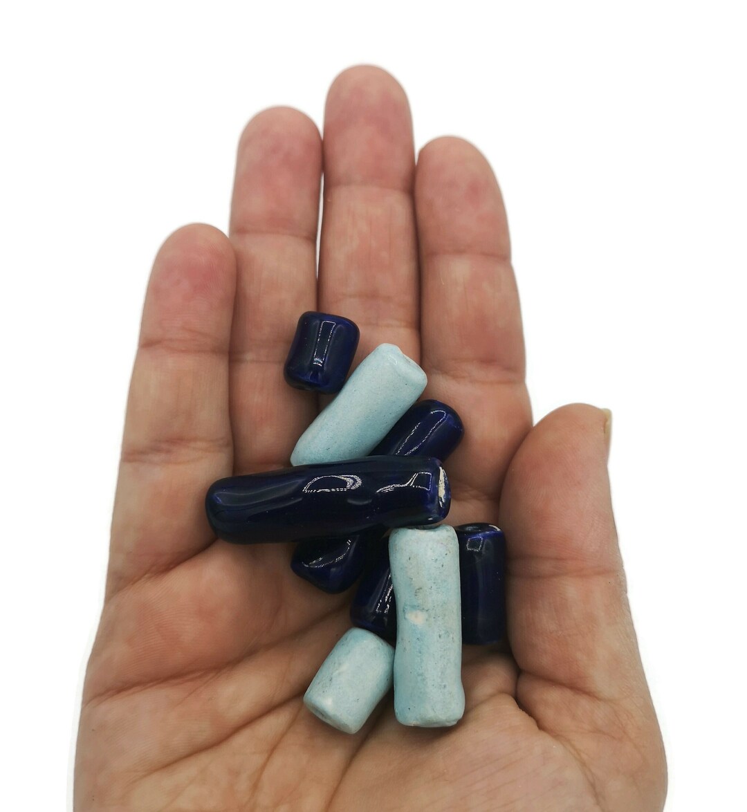 Long Tube Beads for Jewelry Making – Set of 8 Blue Assorted Clay Spacer ...