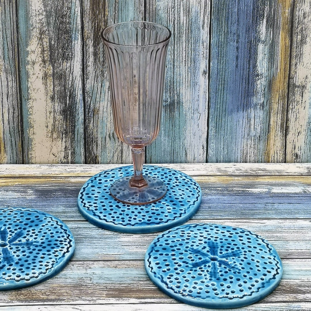 Aesthetic Ceramic Coaster – Handmade Blue Round Coaster for Office ...