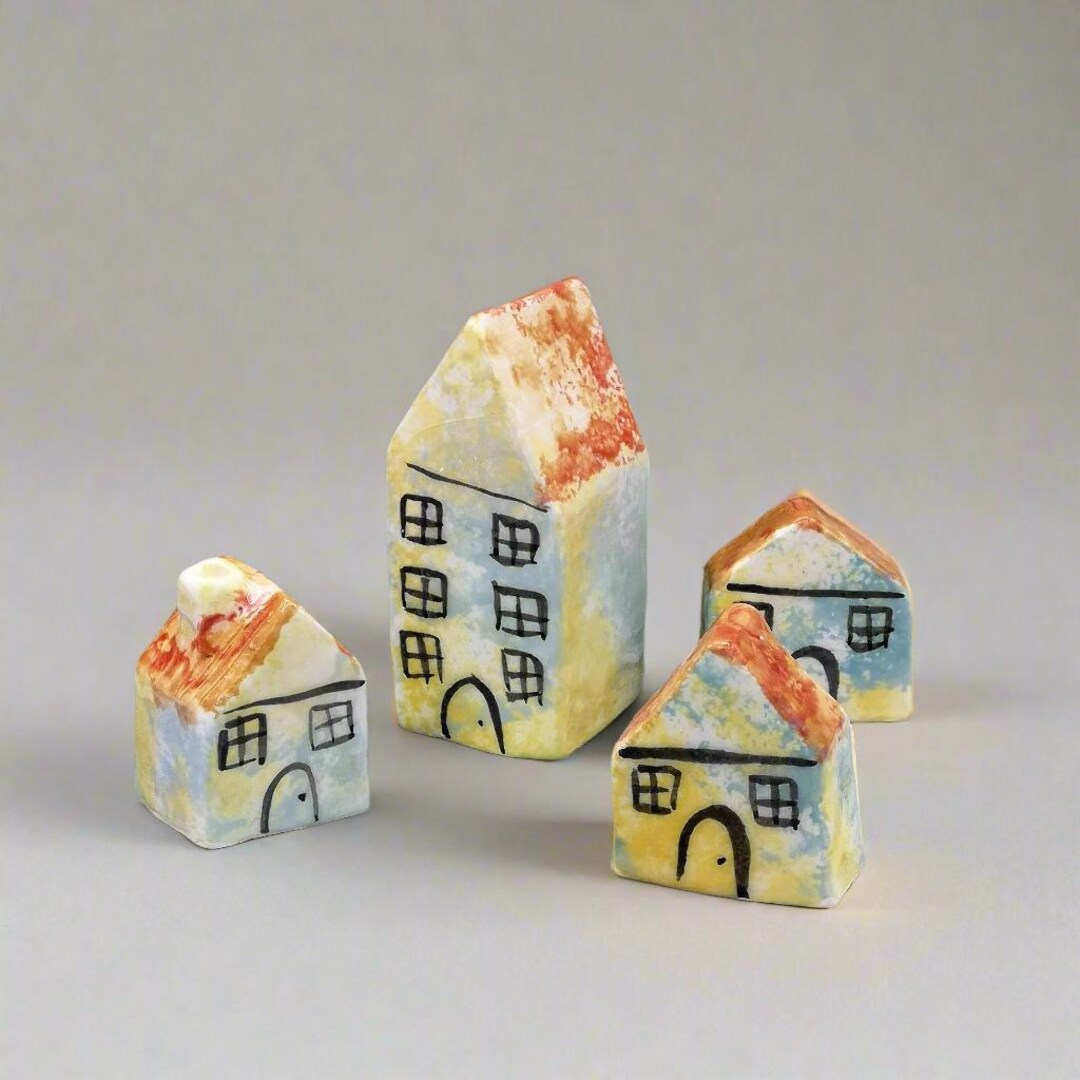 MINIATURE HOUSE, CLAY Sculpture, Set of 4 Ceramic Tiny House, Fathers ...