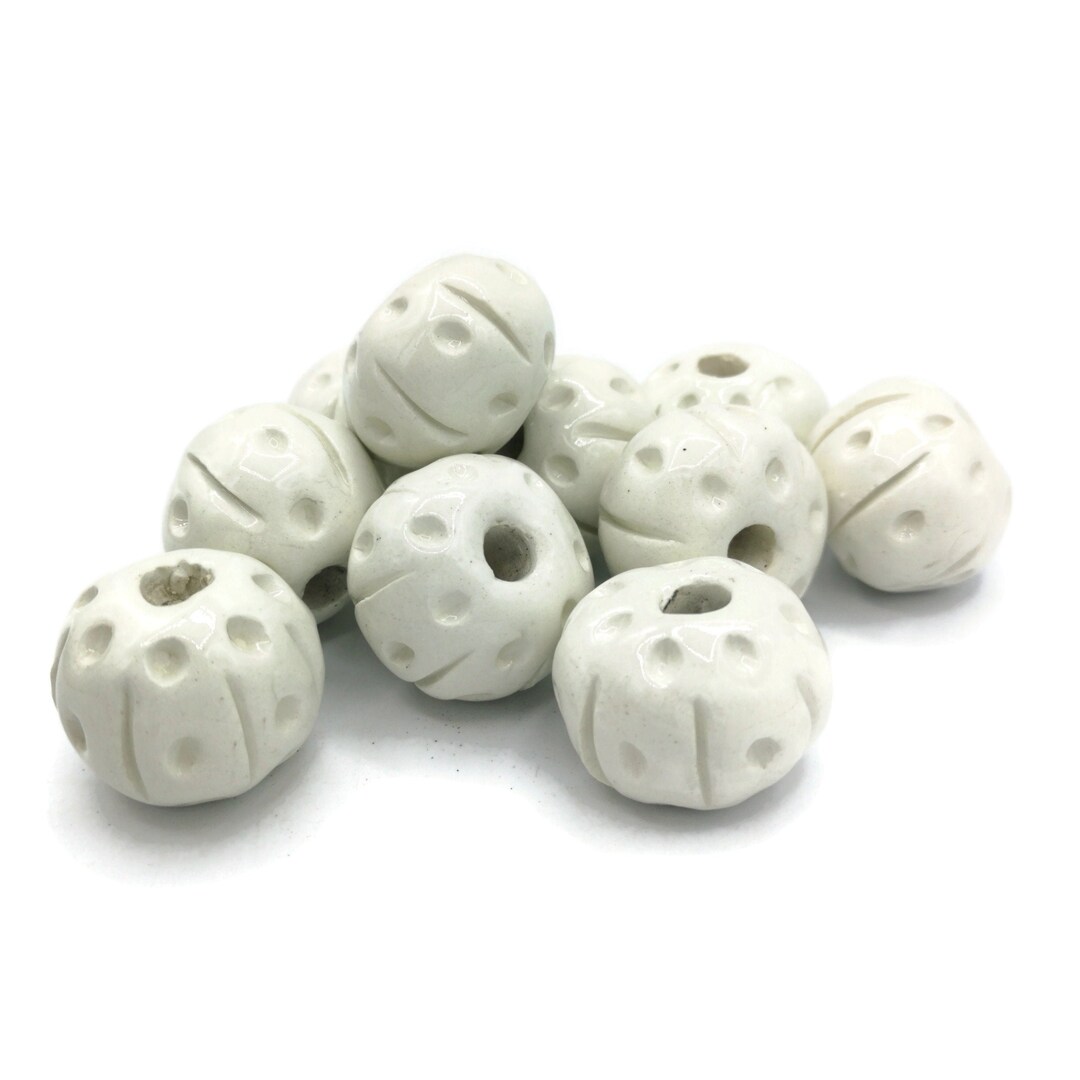 35mm White Ceramic Bead – Large Hole Handmade Bead for Macrame ...