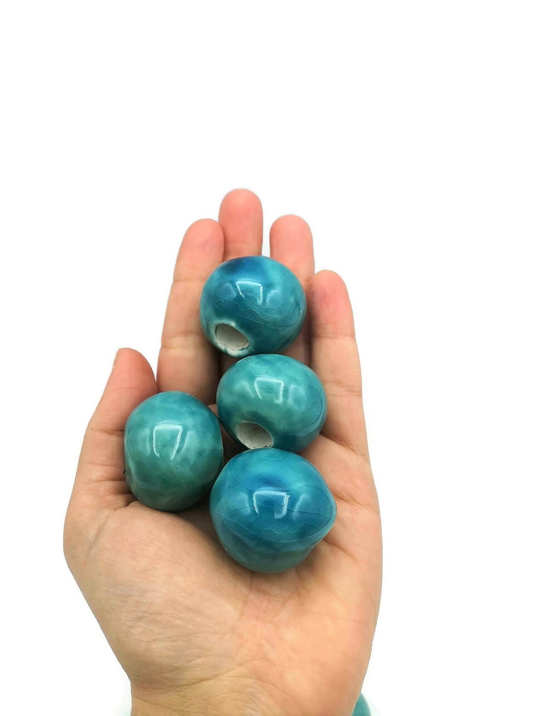 Handmade Oriental Blue Ceramic Bead – Large Hole Artisan Bead for ...