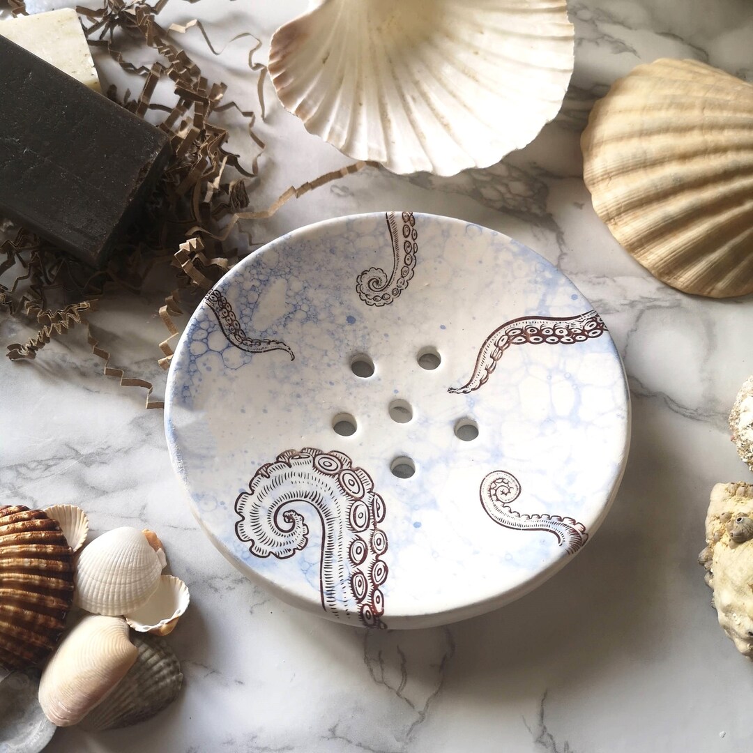 Octopus Ceramic Round Soap Dish With Drain Keep Your Soap Dry and Fresh ...