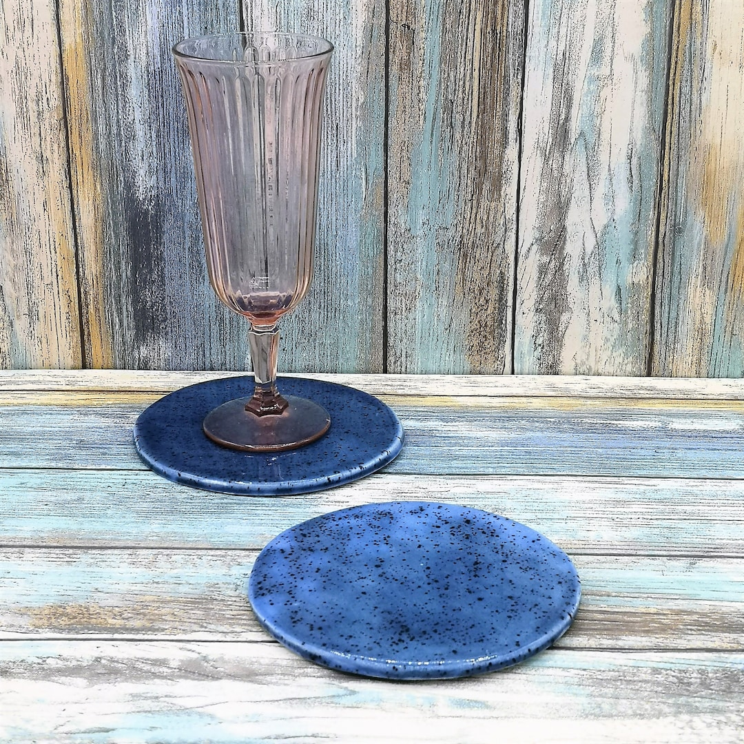 Handmade Blue Ceramic Coasters – Round Drink Coasters With Cork Backing ...
