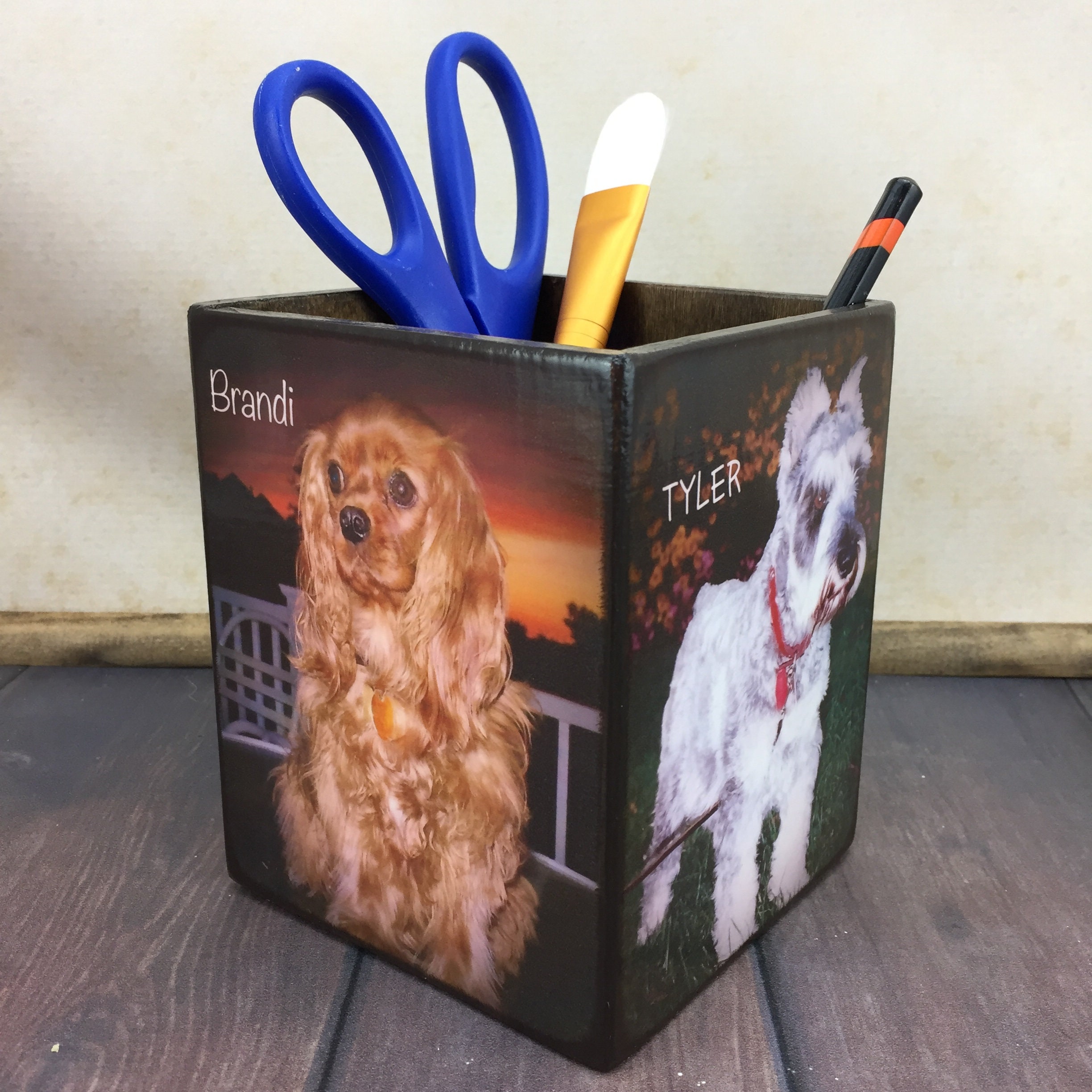 Pet Pencil Desk Holder Personalized Wood Box Dog and Cat | Etsy