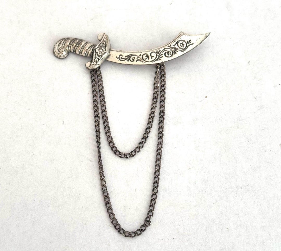 Vintage Sterling Silver Four Leaf Clover on Scimitar Sword Brooch With ...