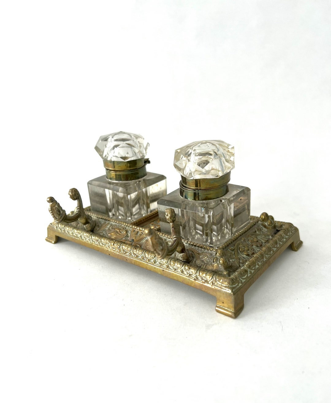 Antique Vintage Brass Double Ink Well With Pen Holder - Etsy