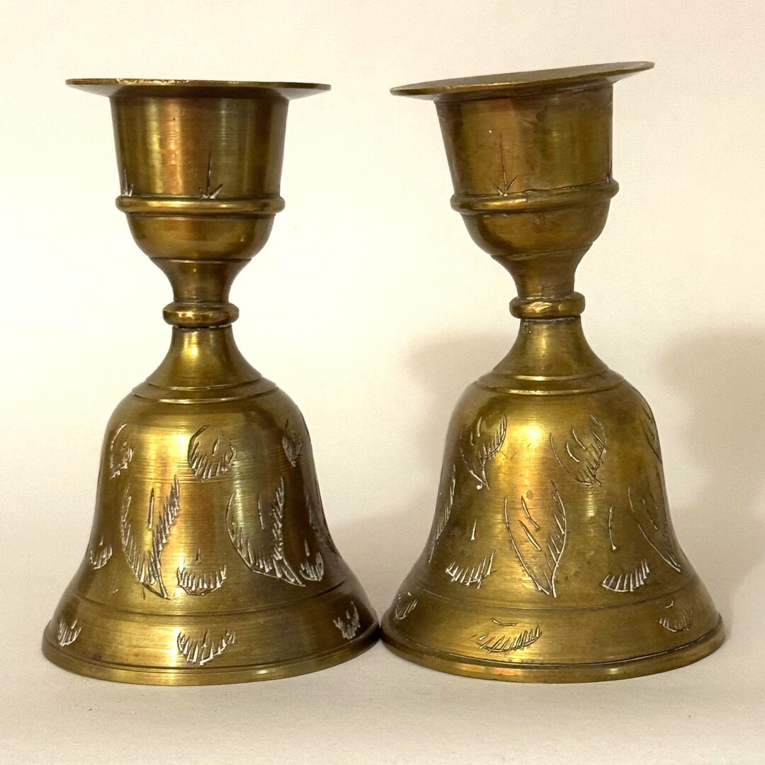 Vintage Etched Brass Bell Candlestick Holders | Indian Decor Pair - Etsy