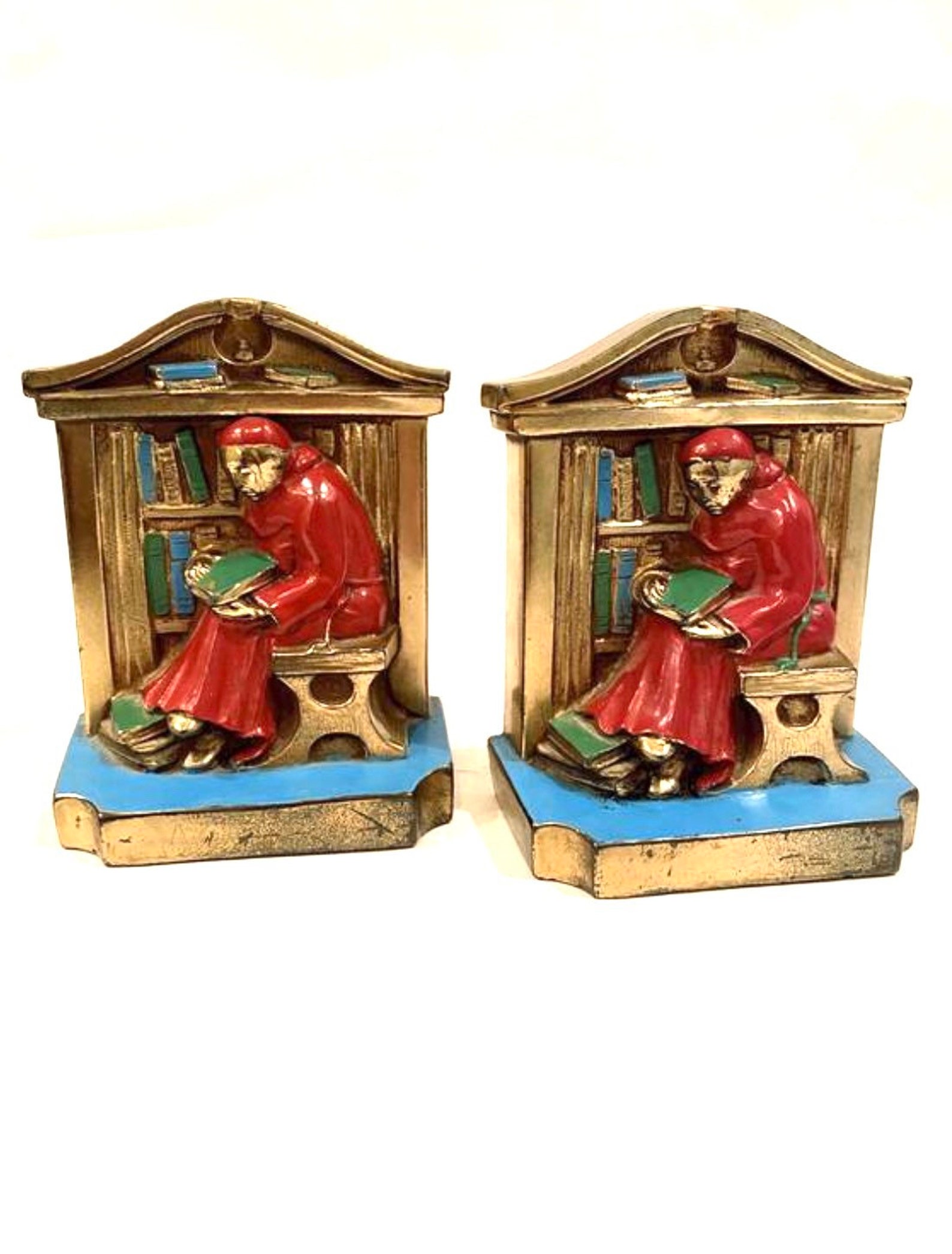 Antique Cast Metal Monk in Library Studying Bishop Religious Spiritual ...