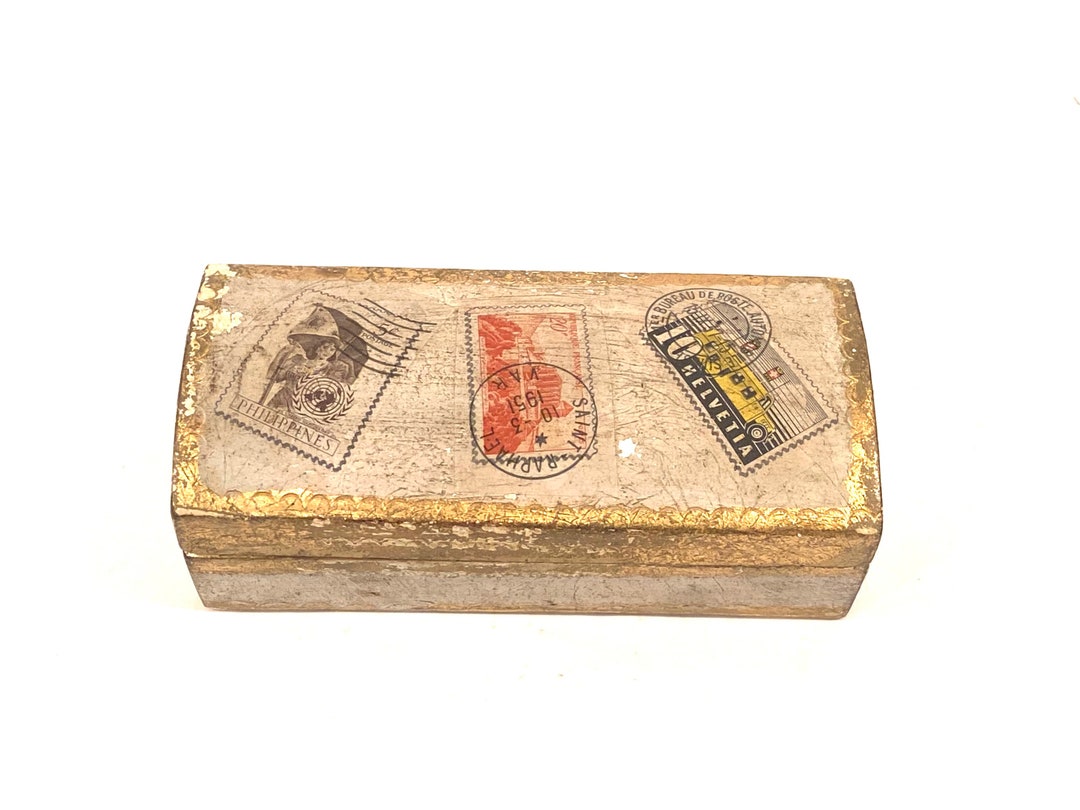 Vintage Florentine Wooden Hinged Stamp Holder Box Gold Guilt Stamped ...