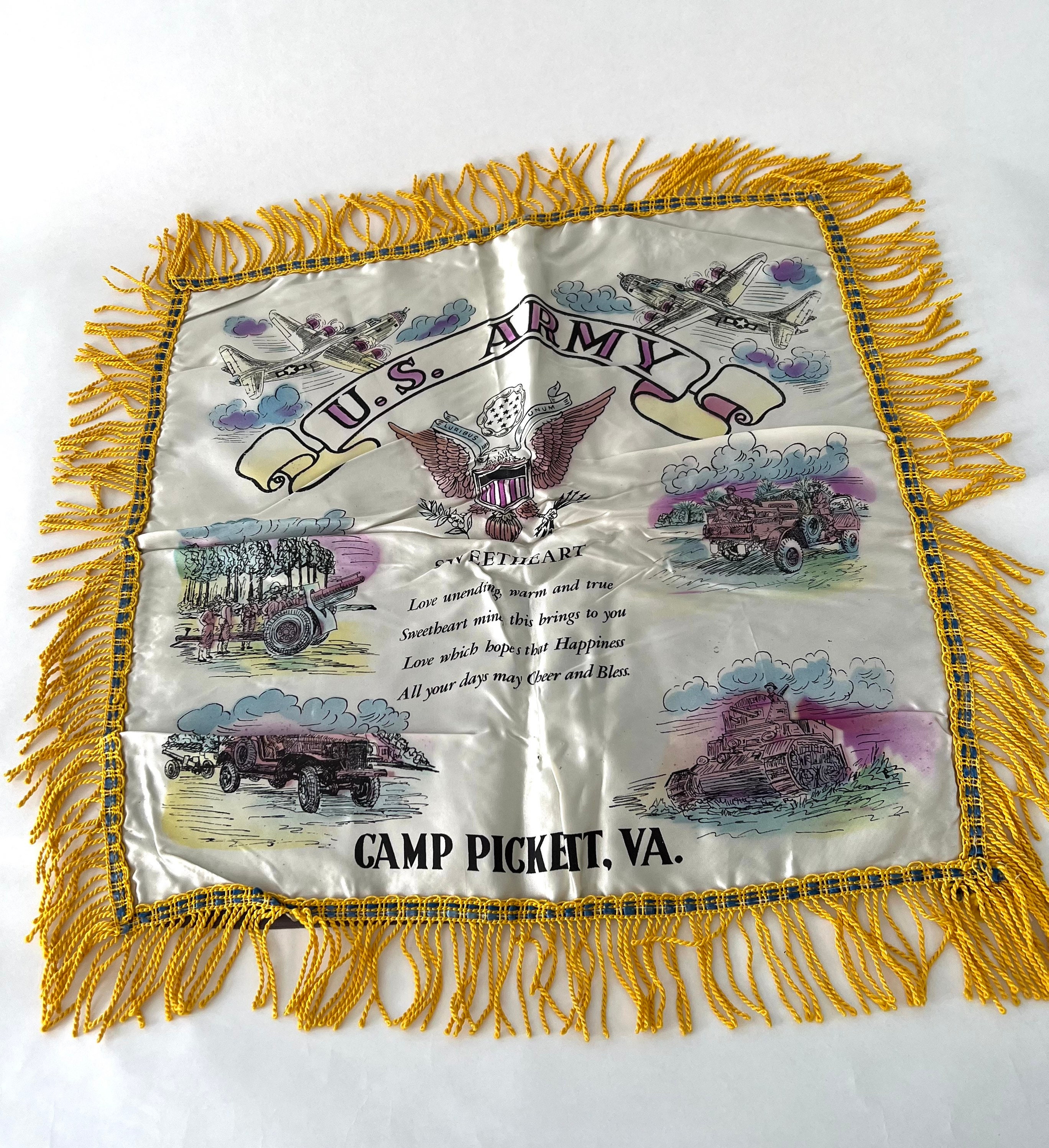 Vintage US Army Souvenir Sweetheart Pillow Cover Case Satin With Fringe ...