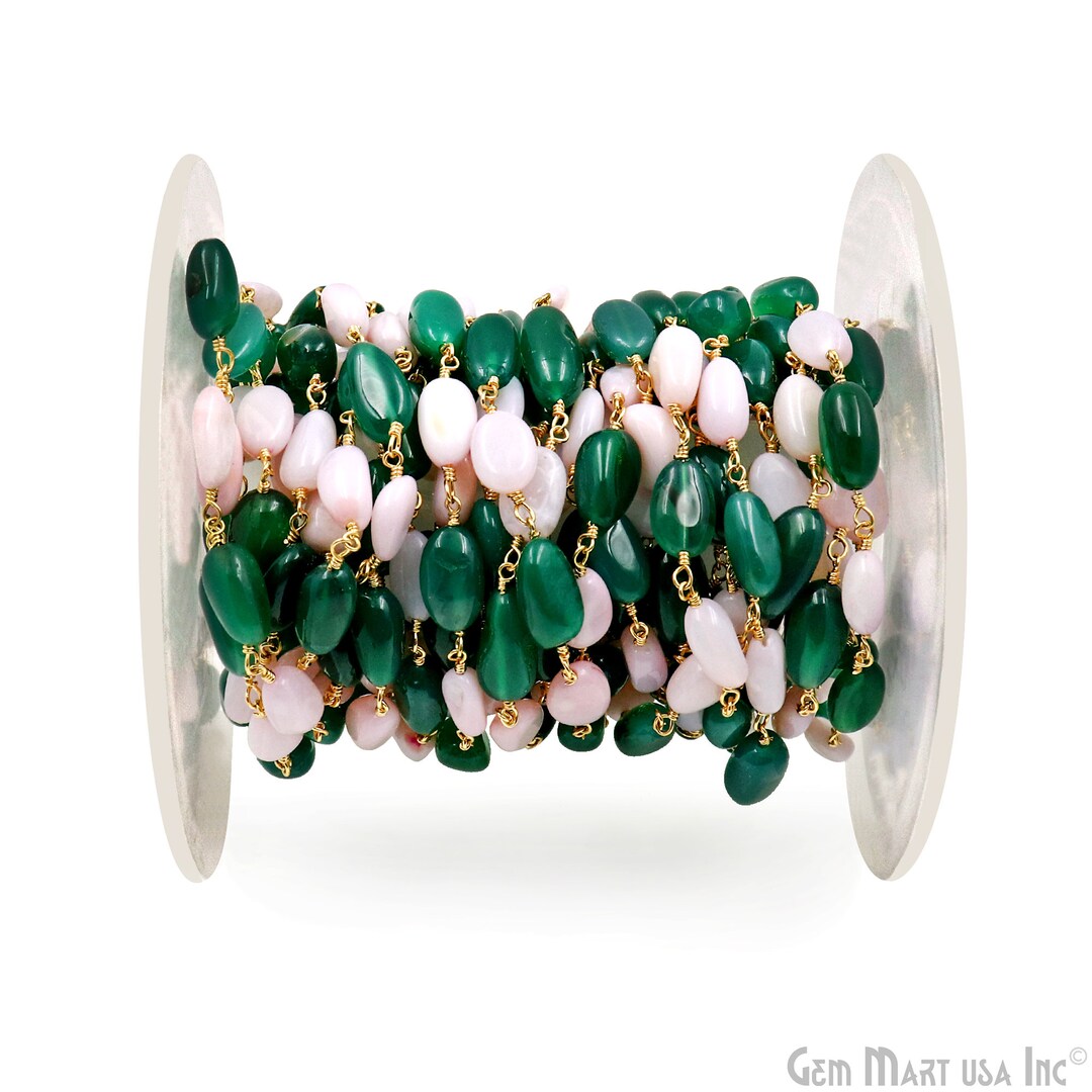 Green Onyx & Pink Opal Tumble Beads Rosary Chain, 12x5mm Gemstone ...