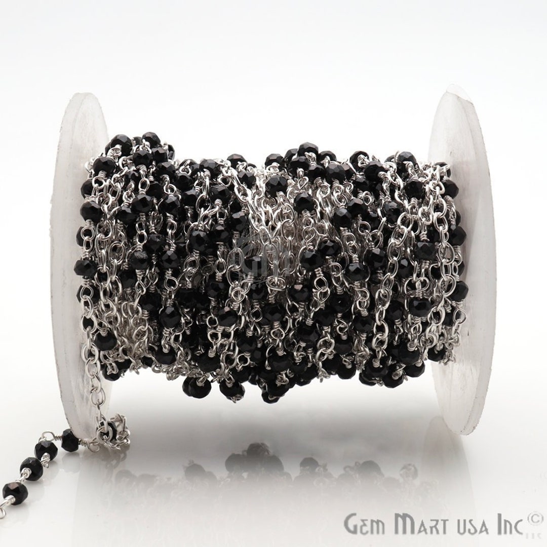 Black Spinel Rosary Chain, Silver Plated Chain, Gemstone Beads Chain ...