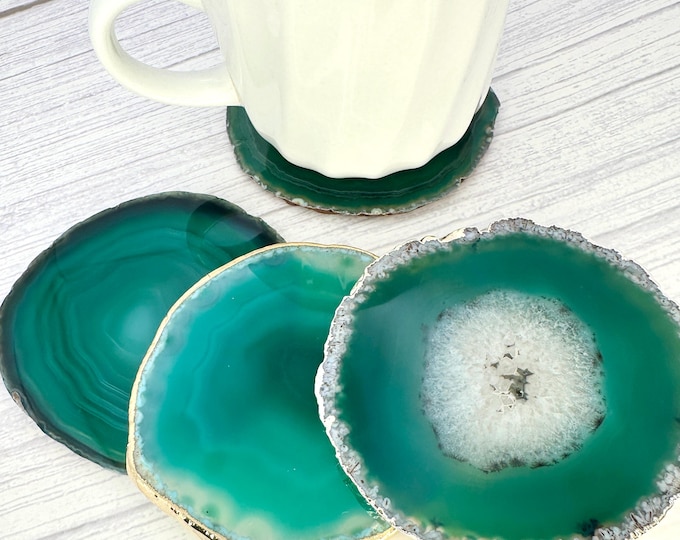 GREEN Agate Coasters. Emerald Geode Coasters. Gem Coasters. SILVER or ...