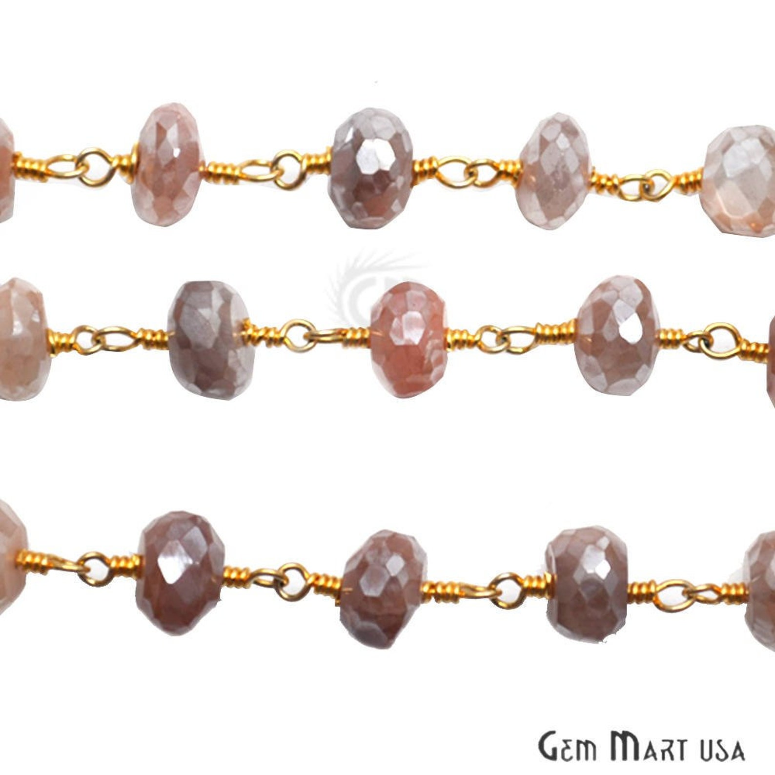 Peach Moonstone Rosary Chain, Rondelle Beads Chain, Gold Plated Chain ...