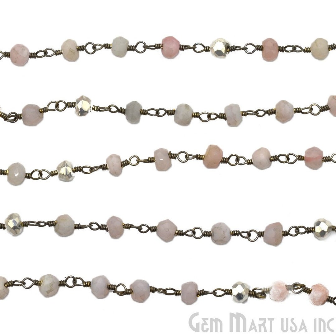 One Foot Pink Opal With Silver Pyrite, 3-3.5mm Oxidized Handmade Rosary ...