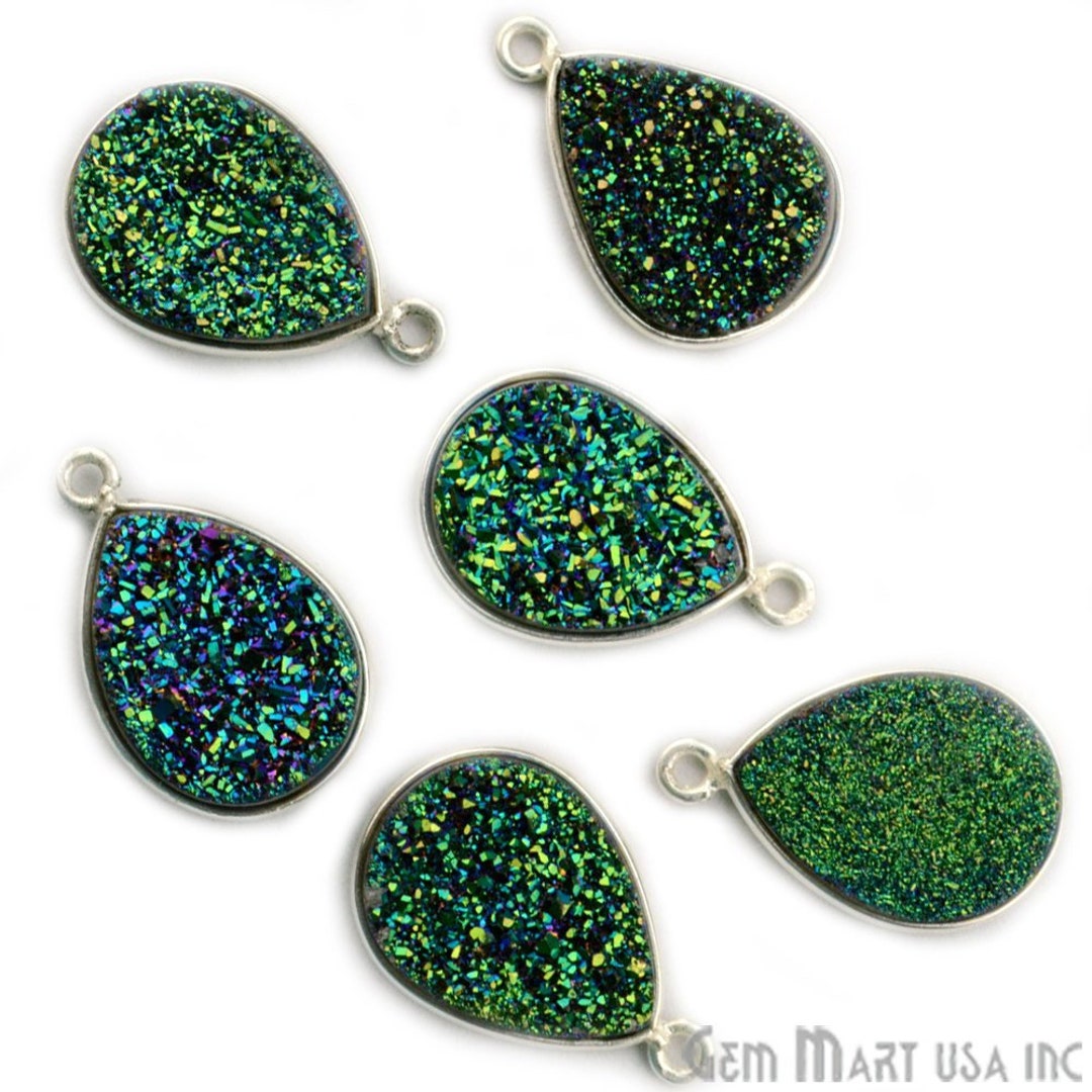 Green Druzy Pears Shape Bezel Connector, Silver Plated Connector, Bezel ...