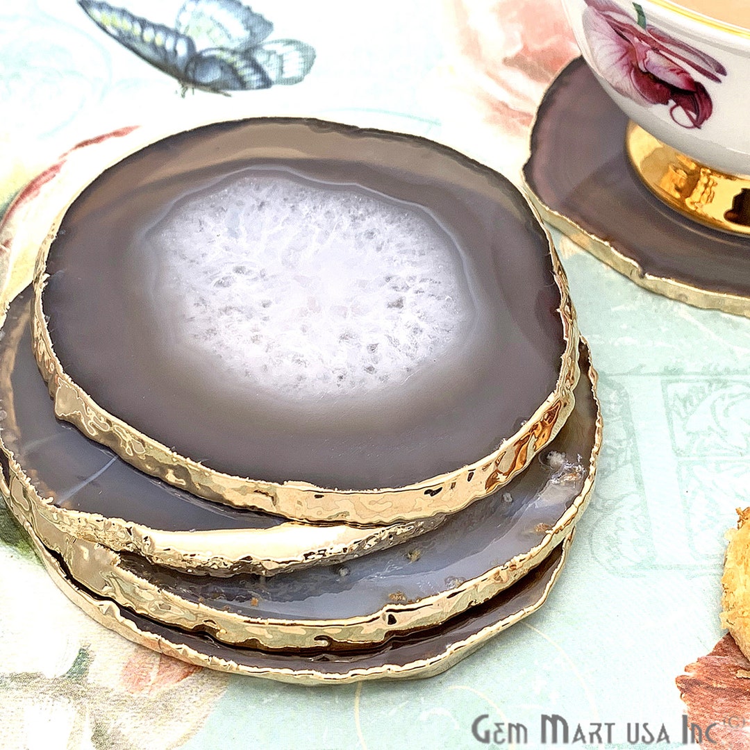 Natural Gemstone Agate Coaster Set, Drinkware, Rock Coaster, Gold ...
