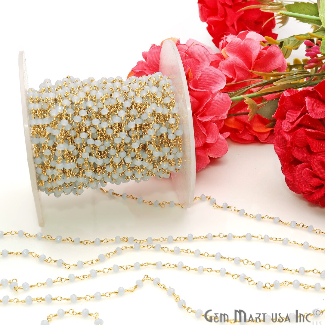 Aqua Chalcedony Chain, Rosary Chain, Gold Plated, Faceted Bead Chains ...