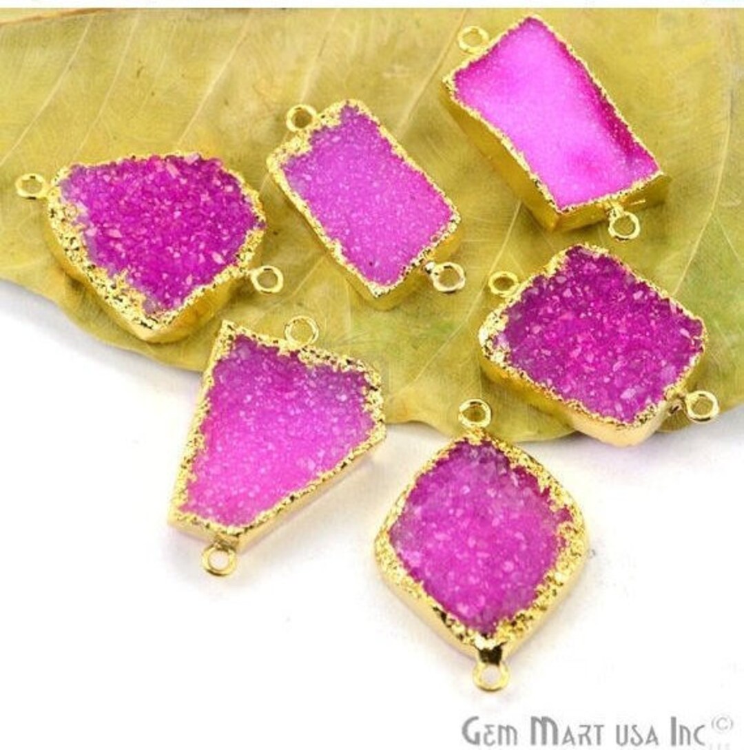 22k Gold Electroplated Pink Druzy Connector, 24x17mm Fancy Shape Druzy ...