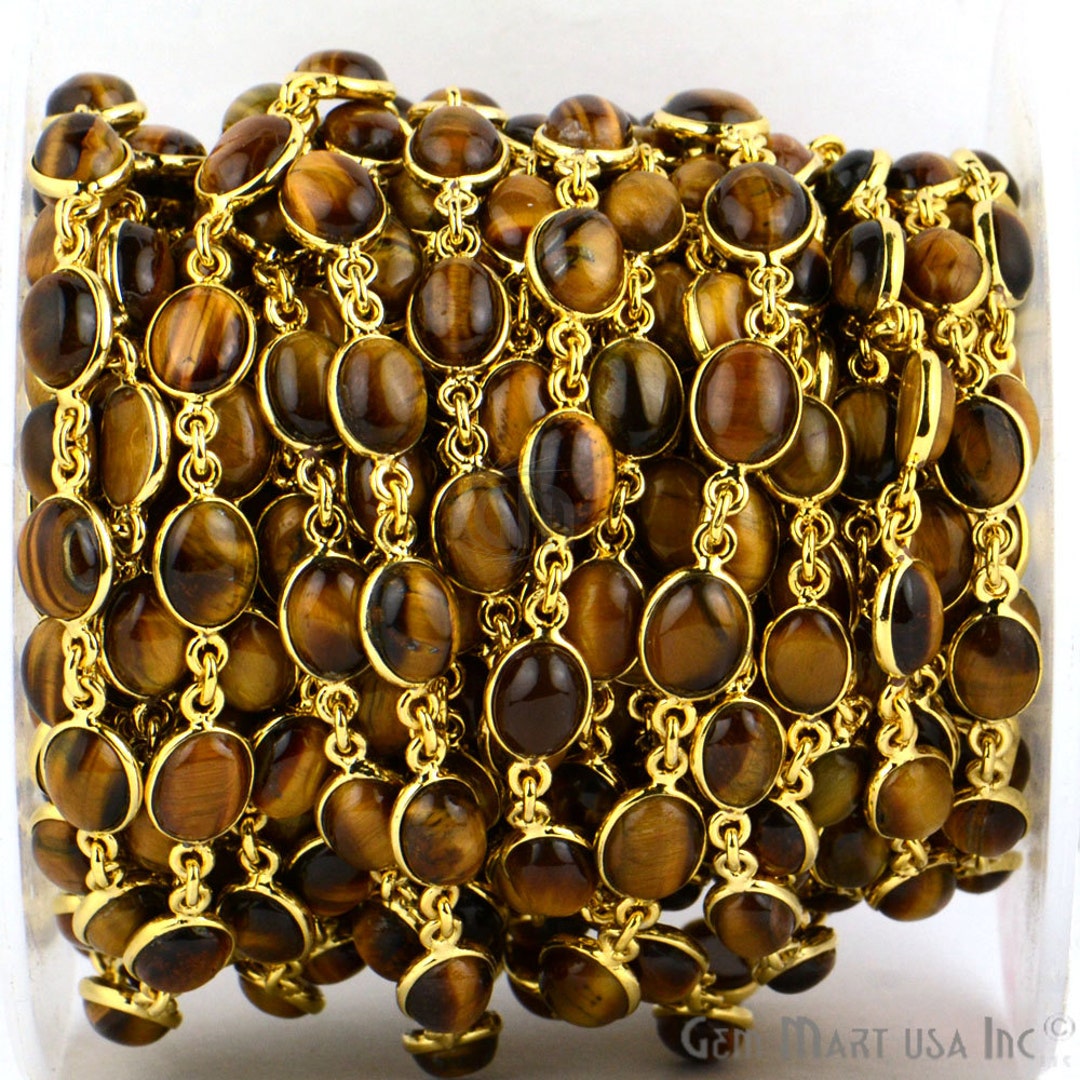 Tiger Eye Wire Wrapped Bezel Bead Chain, Linked Connector Chain. 8x10mm ...