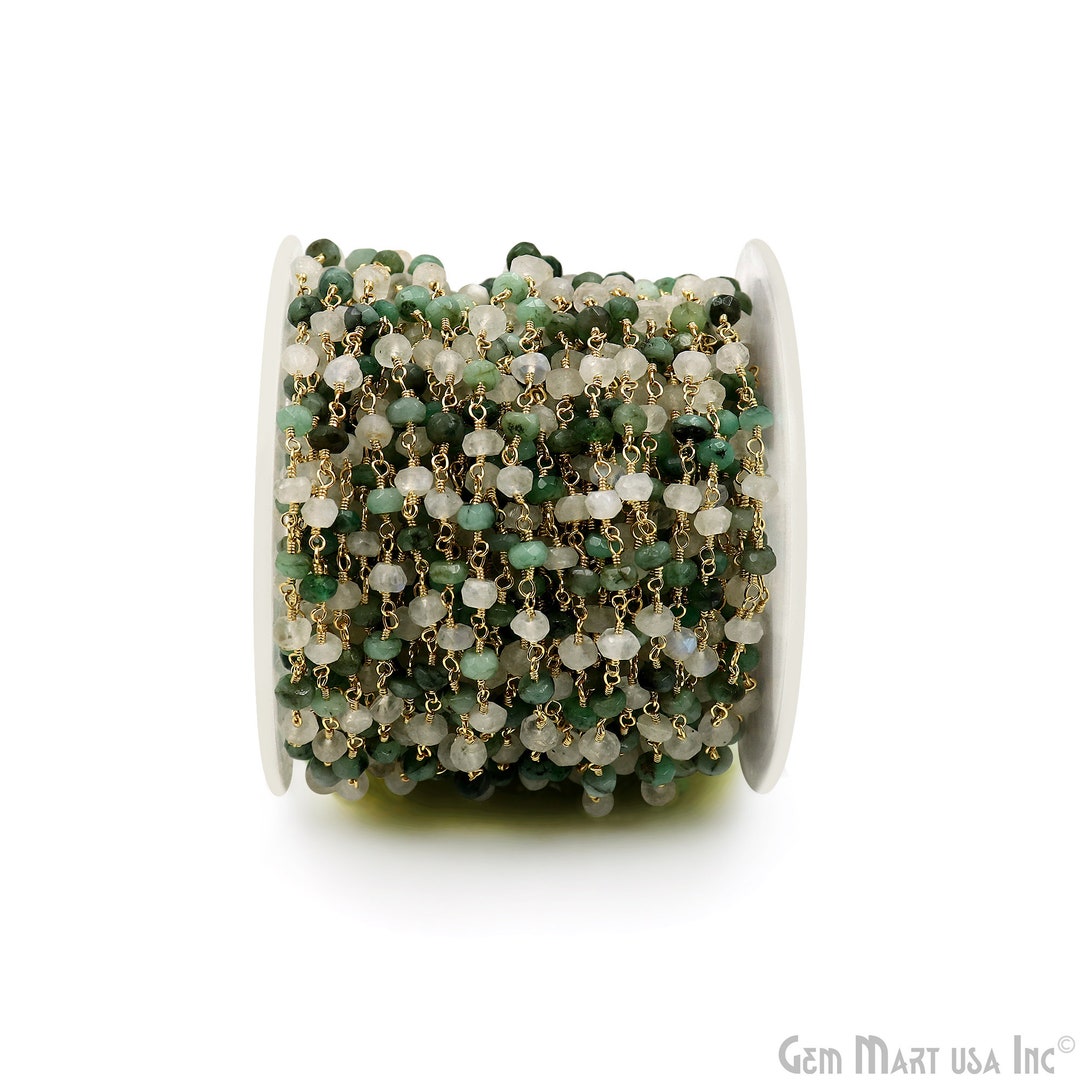 Emerald & Rainbow Moonstone Chain, Rosary Chain, Gold Plated, Faceted ...