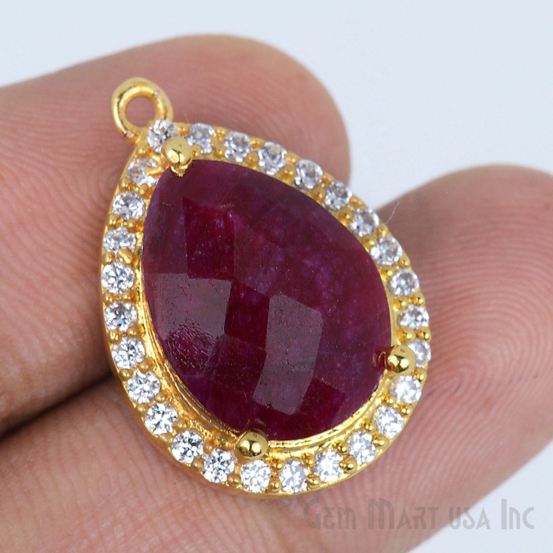 Ruby, Pave Bezel Pears Shape Connector, 12x16mm Pears 24K Gold Plated ...