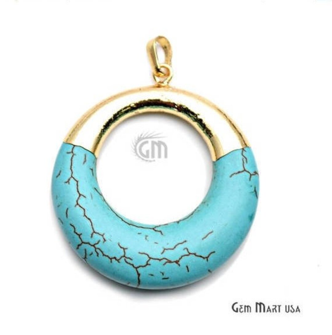 Turquoise Gemstone Round Necklace Pendant, 34mm Gold Electroplated ...