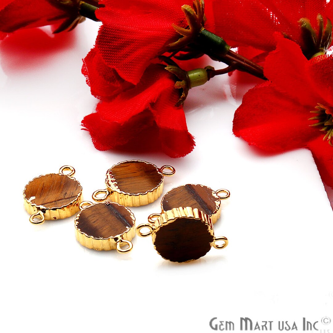 Round Connector, Tiger Eye Connector, 24k Gold, Gold Plated, Gold Bail ...
