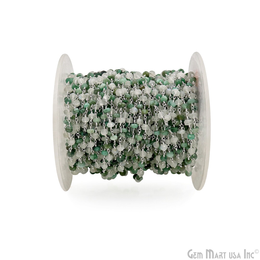 Emerald & Rainbow Moonstone Chain, Rosary Chain, Silver Plated, Faceted ...