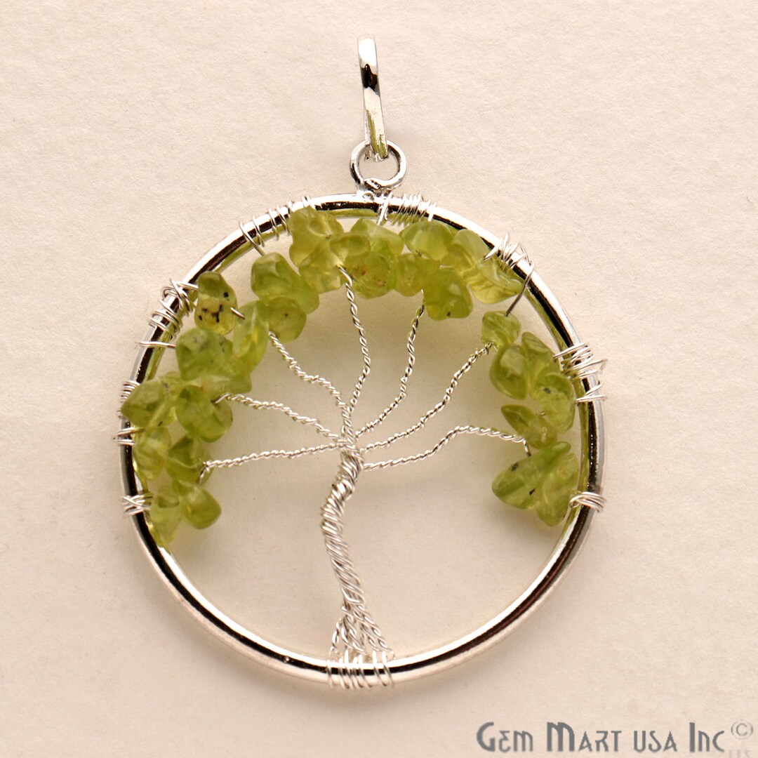 Peridot Tree of Life Pendant, 44x39mm Round Silver Plated Healing ...