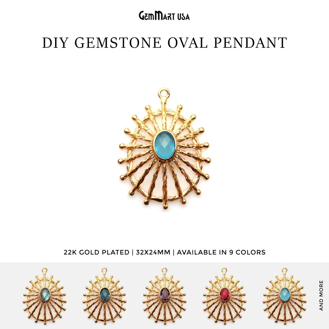 Oval Sun Beam Gemstone Necklace Pendant, 32x24mm Gold Plated Sun ...
