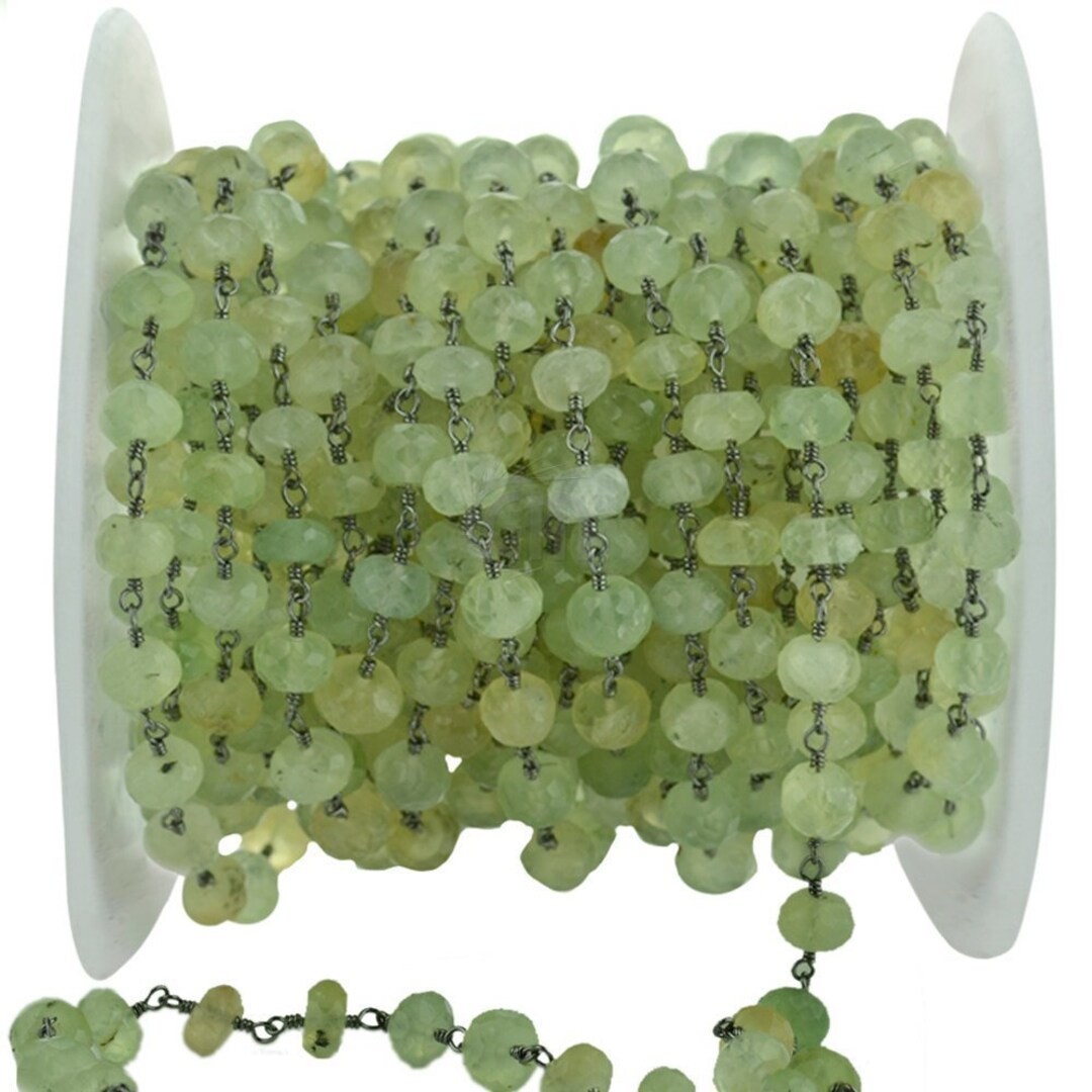 Prehnite Beads Rosary Chain, 6-7mm Oxidized Wire Wrapped Link Stone ...