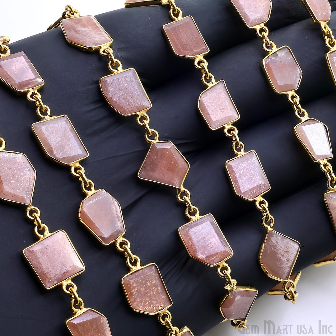 Peach Moonstone Free Form Rosary Chain, Bezel Gemstone Chains, Gold ...
