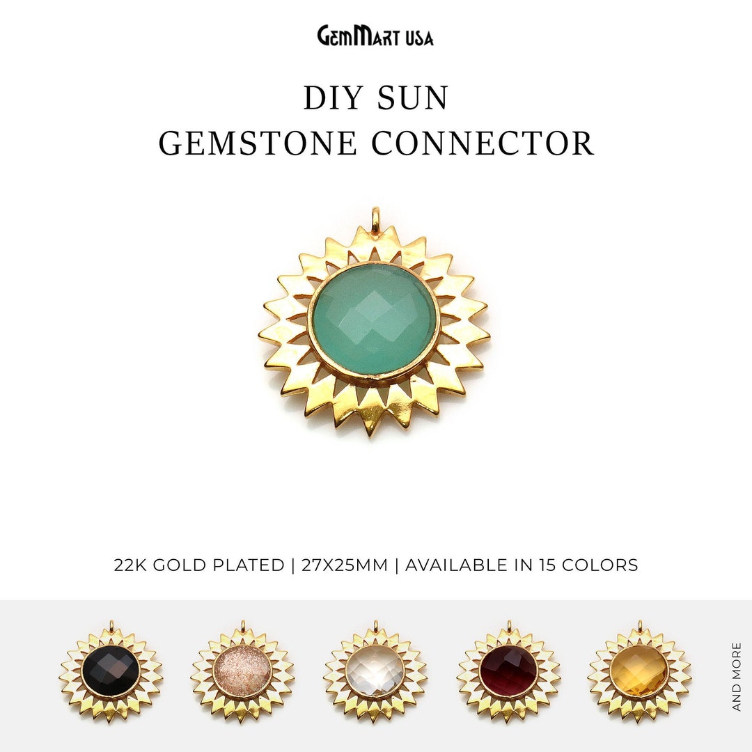 Sun Shape Gemstone Necklace Pendant, 27x25mm Gold Plated Sunbeam Bezel ...