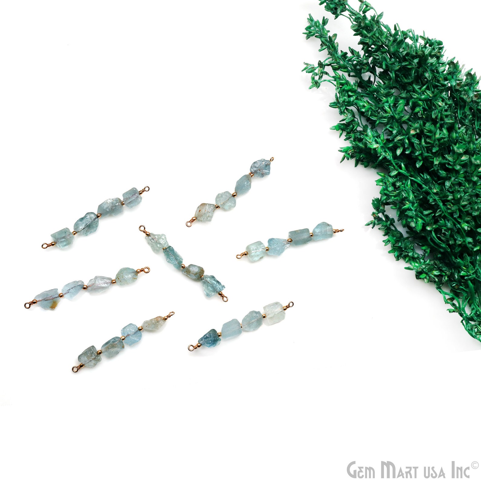 Raw Aquamarine Beaded Bar Connectors, Four Stone Gold Wire Wrapped ...