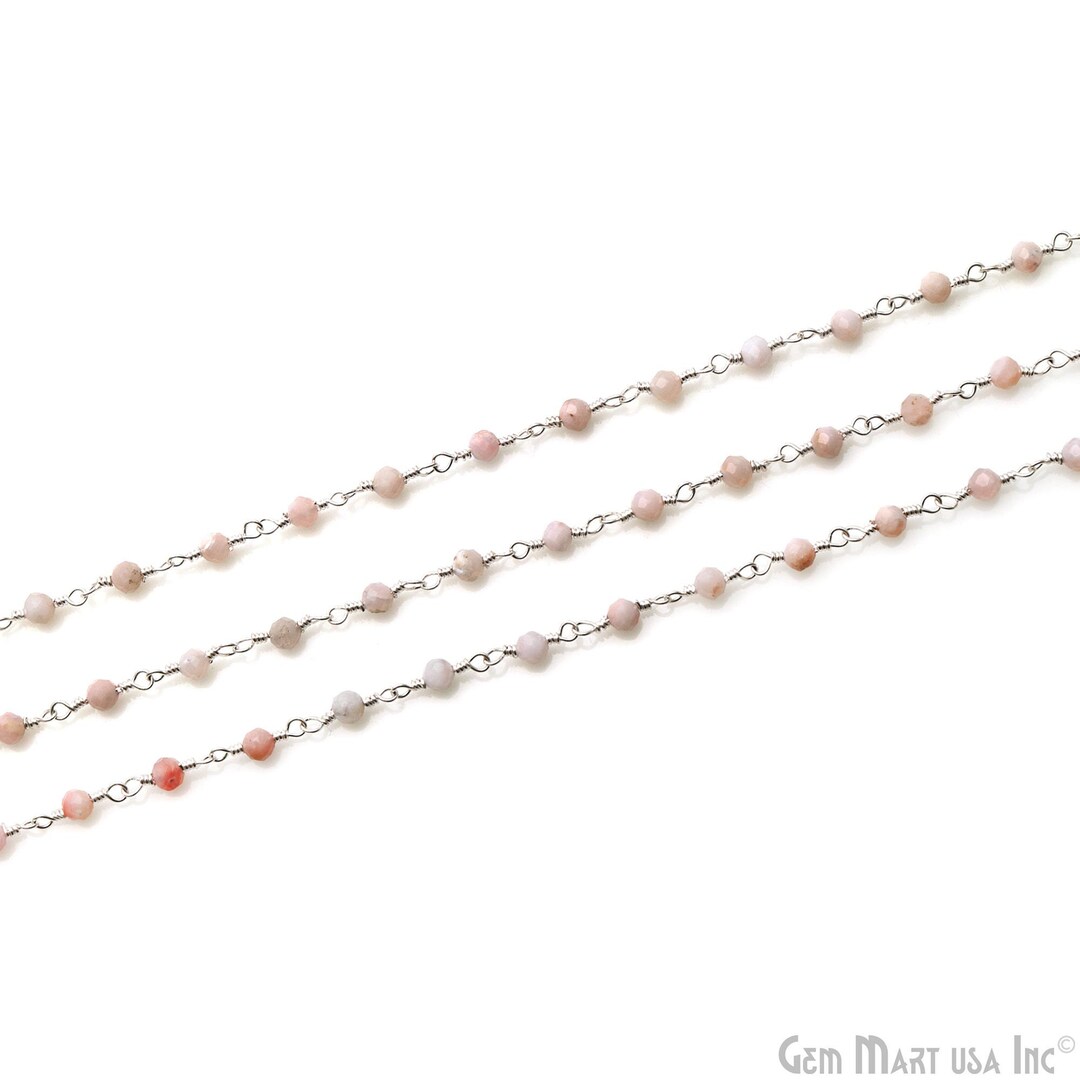 Pink Opal Beaded Rosary Chain, Round Beads, Sterling Silver Rosary ...