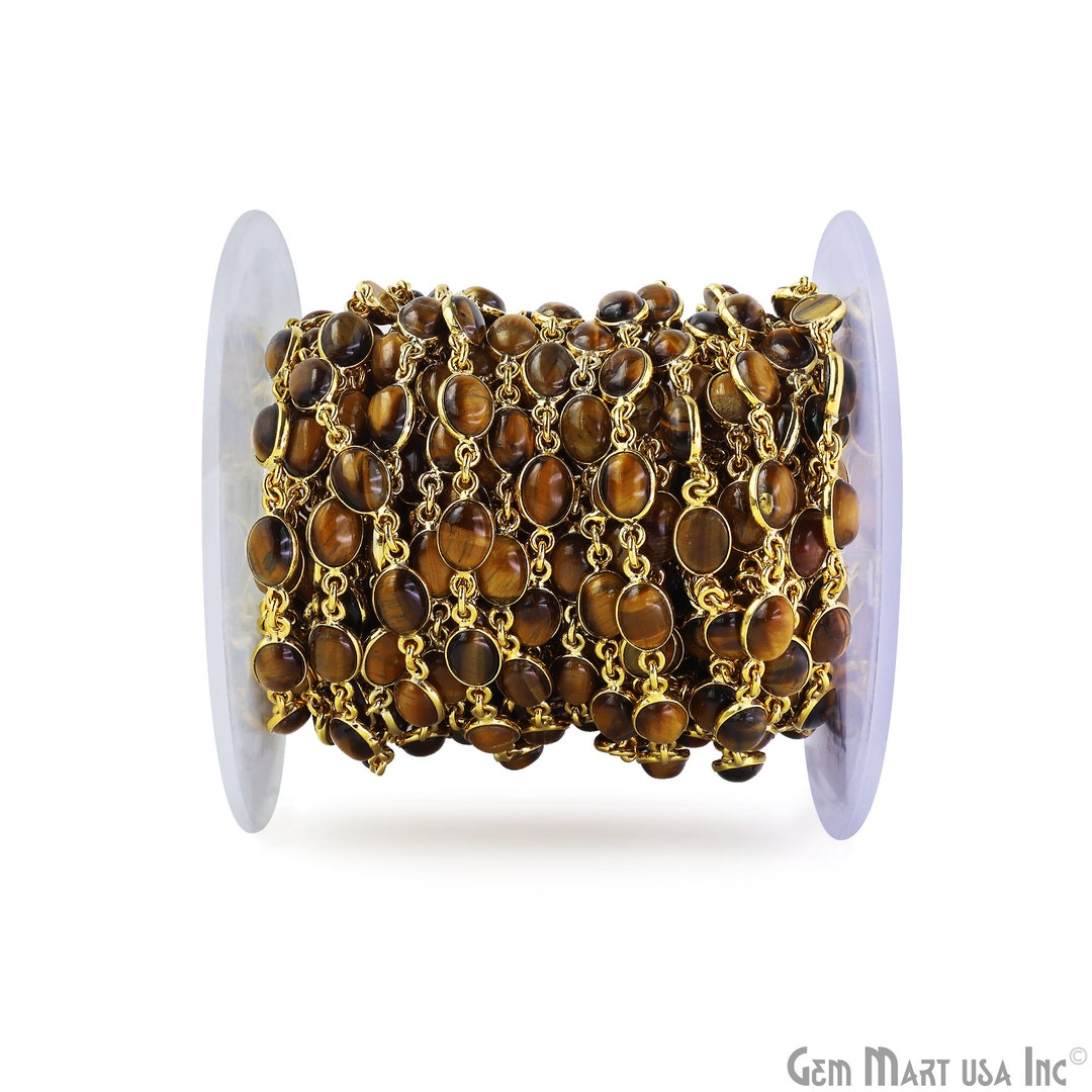 Tiger Eye Gemstone Rosary Chain, 8x6mm Gold Bezel Tiger Eye Connector ...