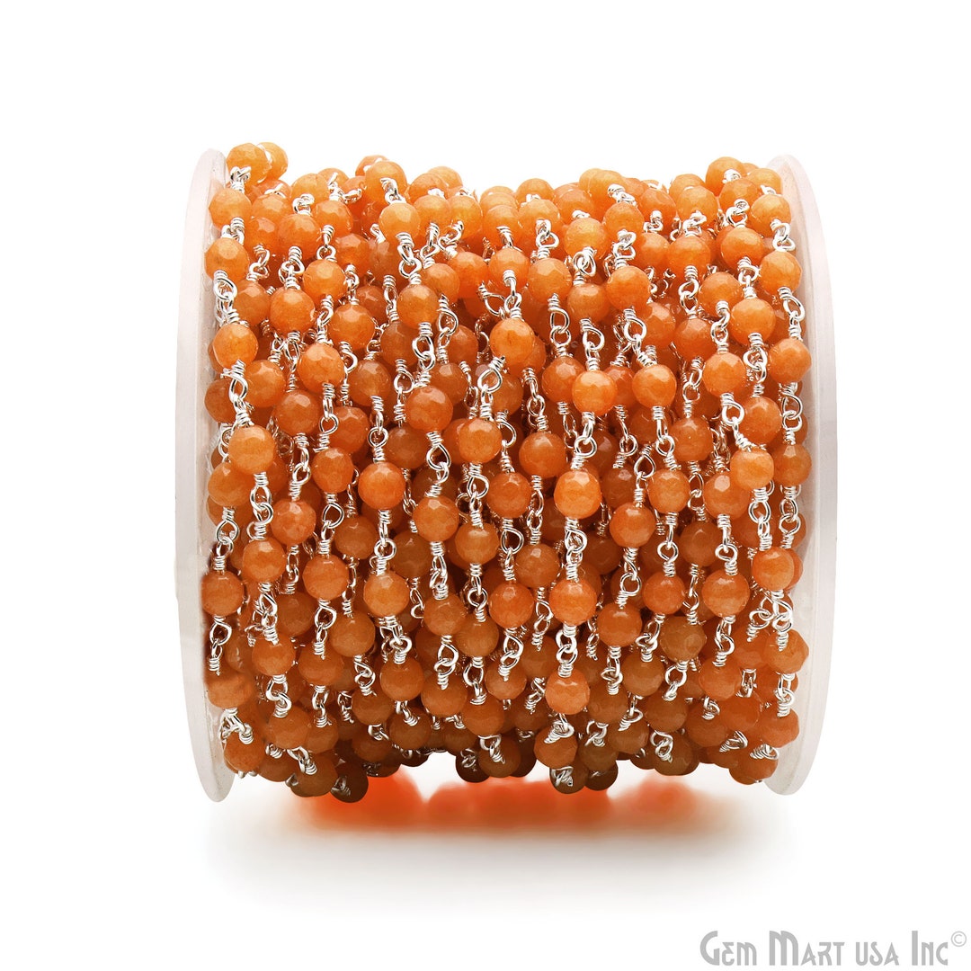 Orange Jade Beaded Rosary Chain, Silver Plated Chain, Round Rosary ...