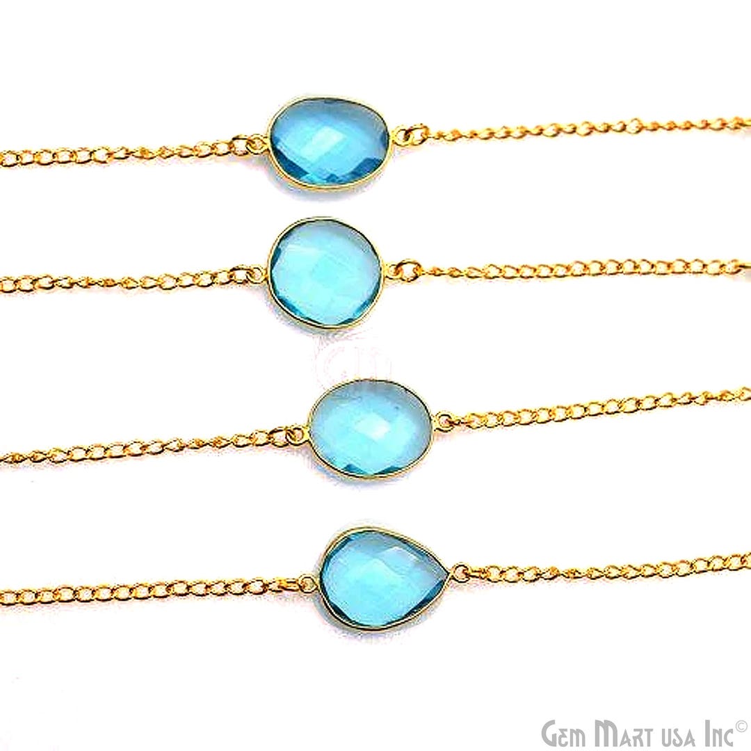 Blue Topaz Bezel Connector Chain, Gold Plated Gemstone Chain, Bracelet ...