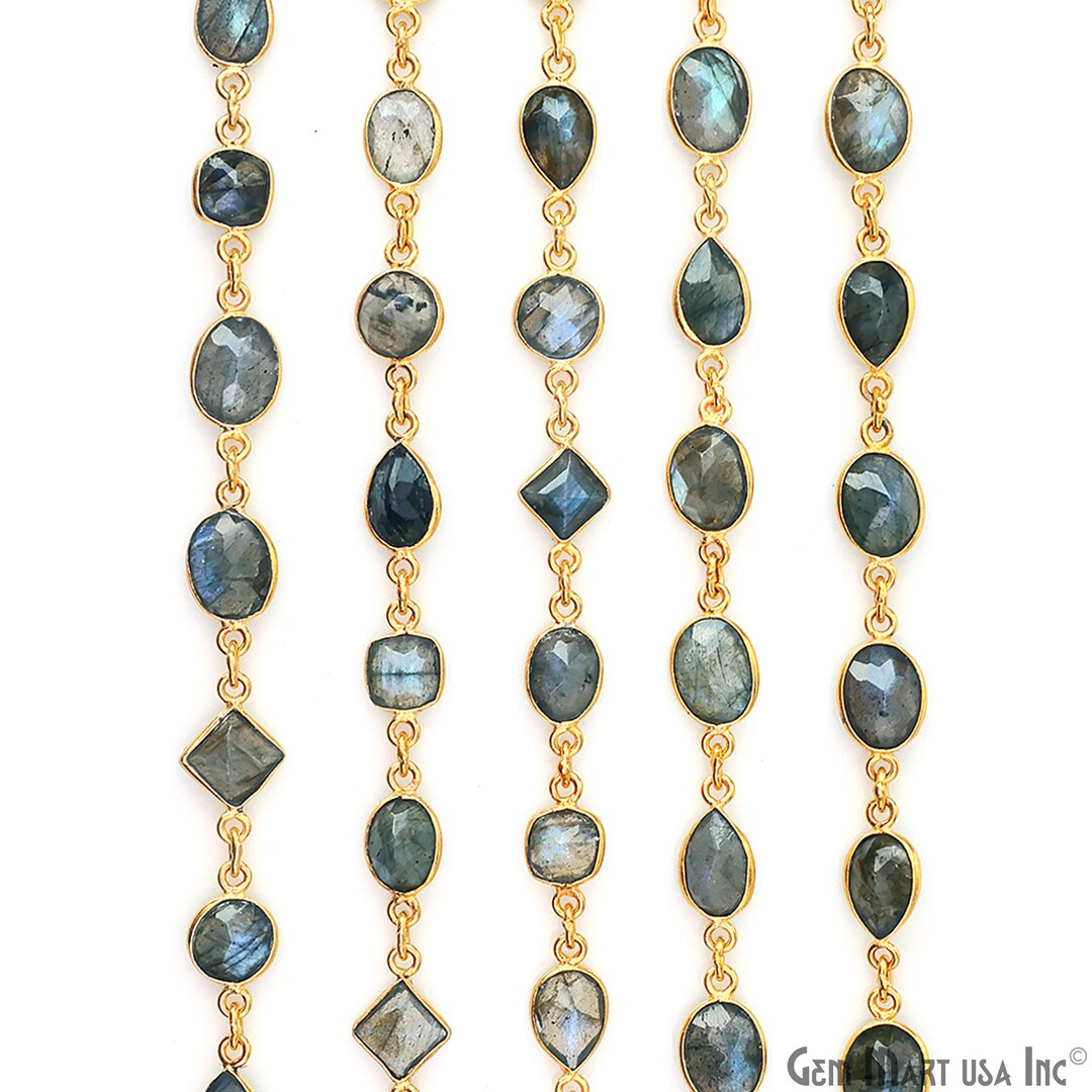 Labradorite Bezel Chain, Mix Shape Continuous Connector Chain, Gold ...