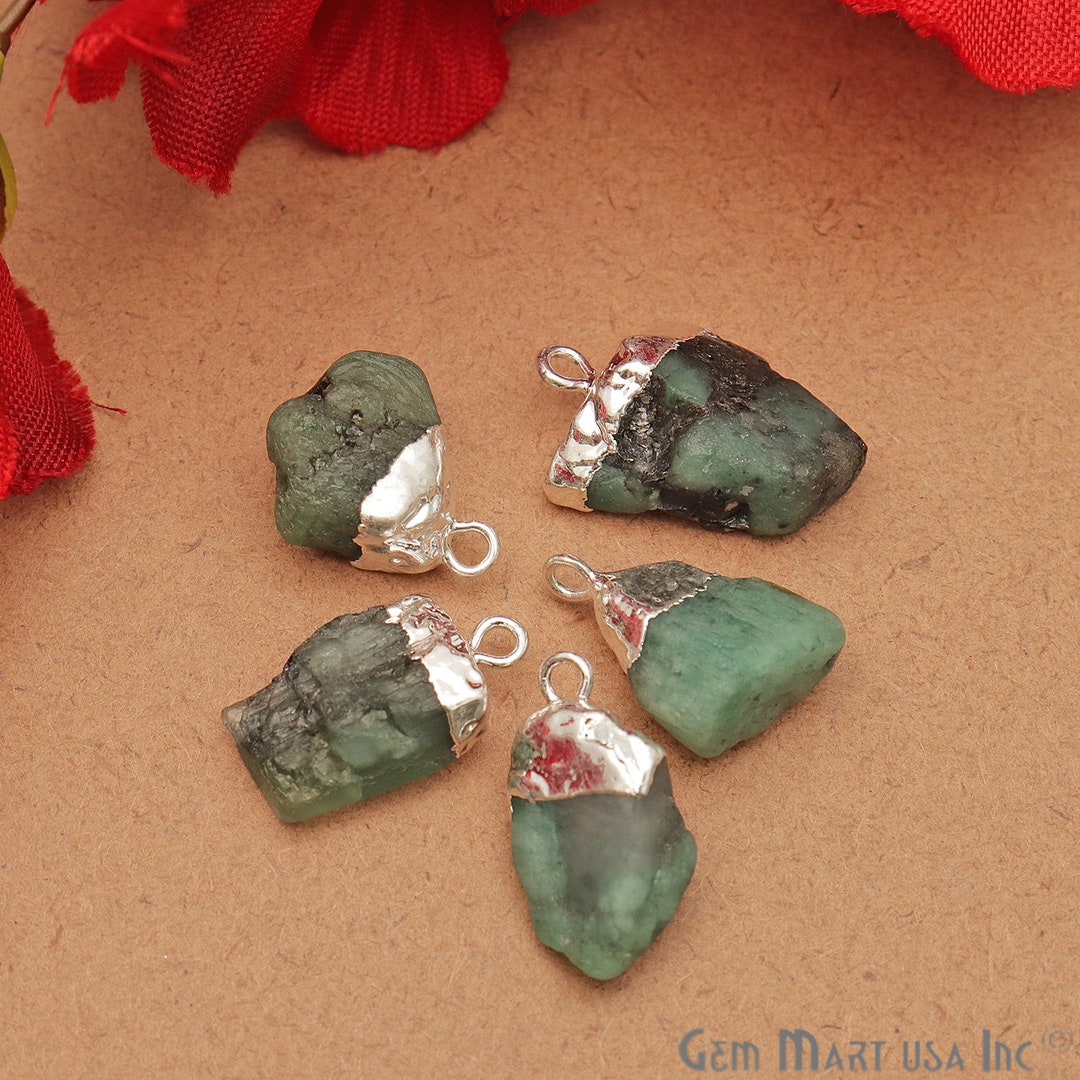 Emerald Natural Raw Nugget Crystal Pendant, Rough Gemstone, Silver ...