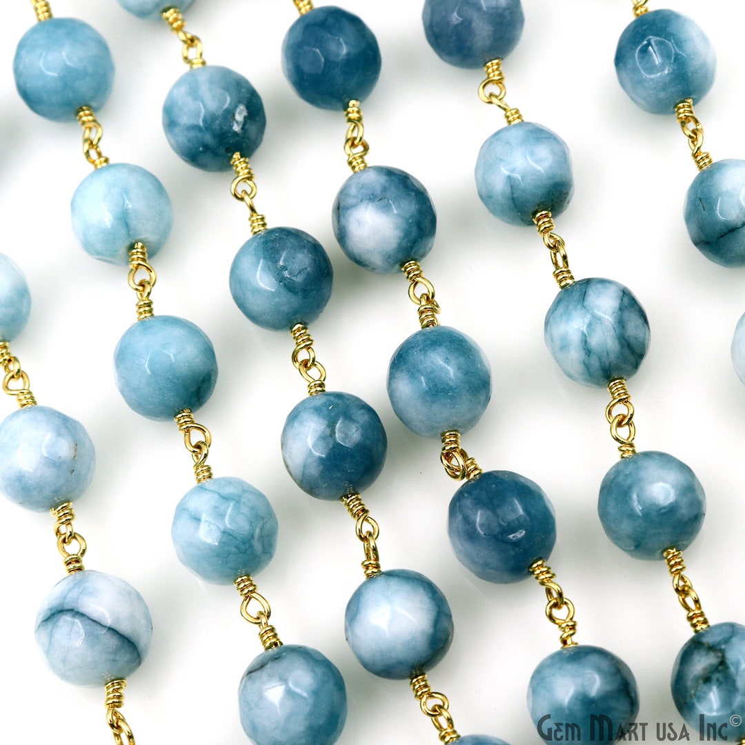 Shaded Turquoise Jade Faceted Beads Rosary, 10mm Gold Plated Handmade ...