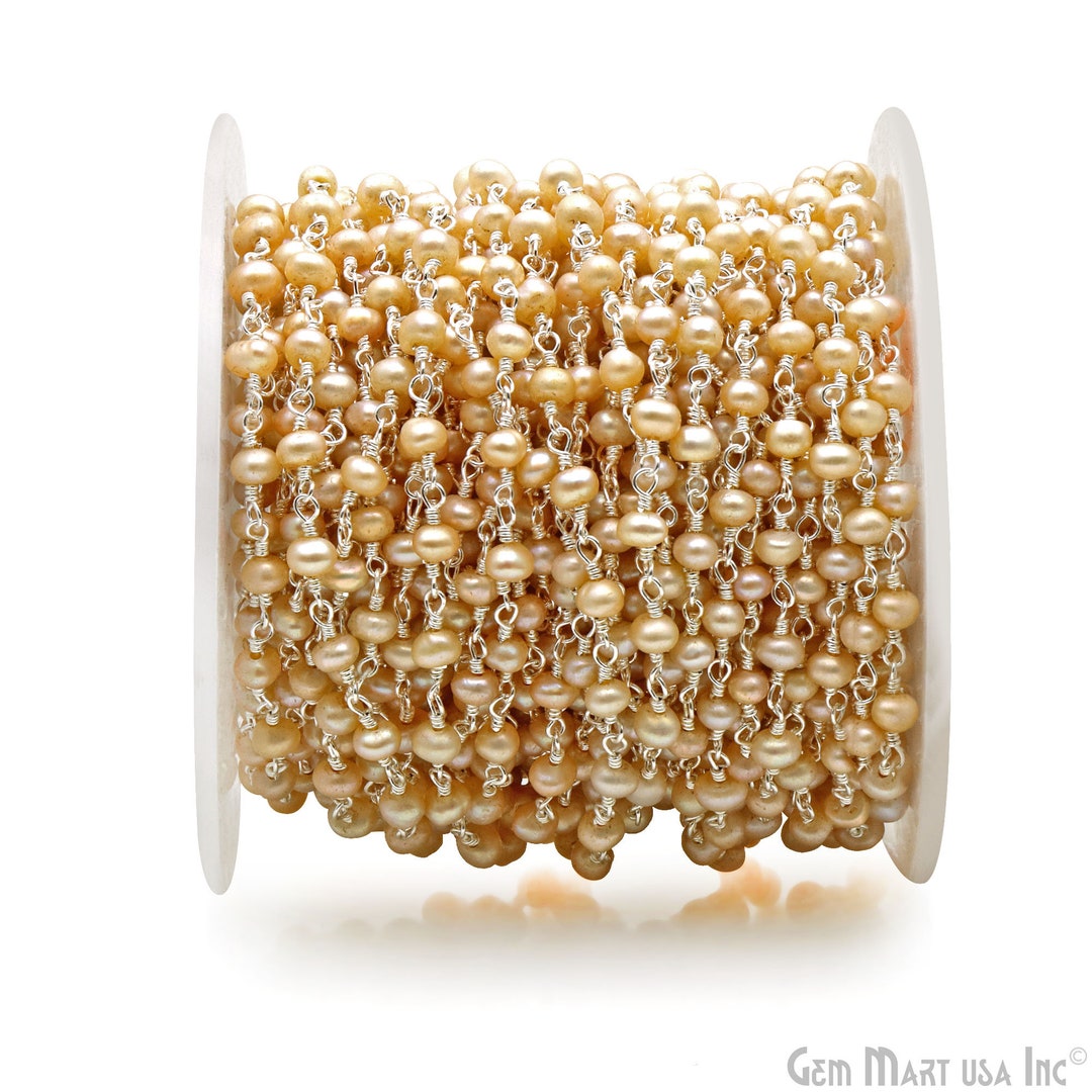 Pink Freshwater Pearl Beaded Rosary Chain, Round Beads, Silver Plated ...