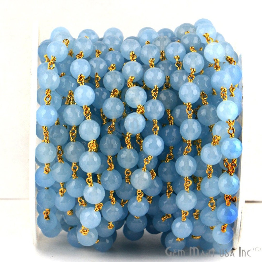 Baby Blue Jade, 8mm Rosary Bead Chain, Gold Plated, Silver or Gunmetal ...
