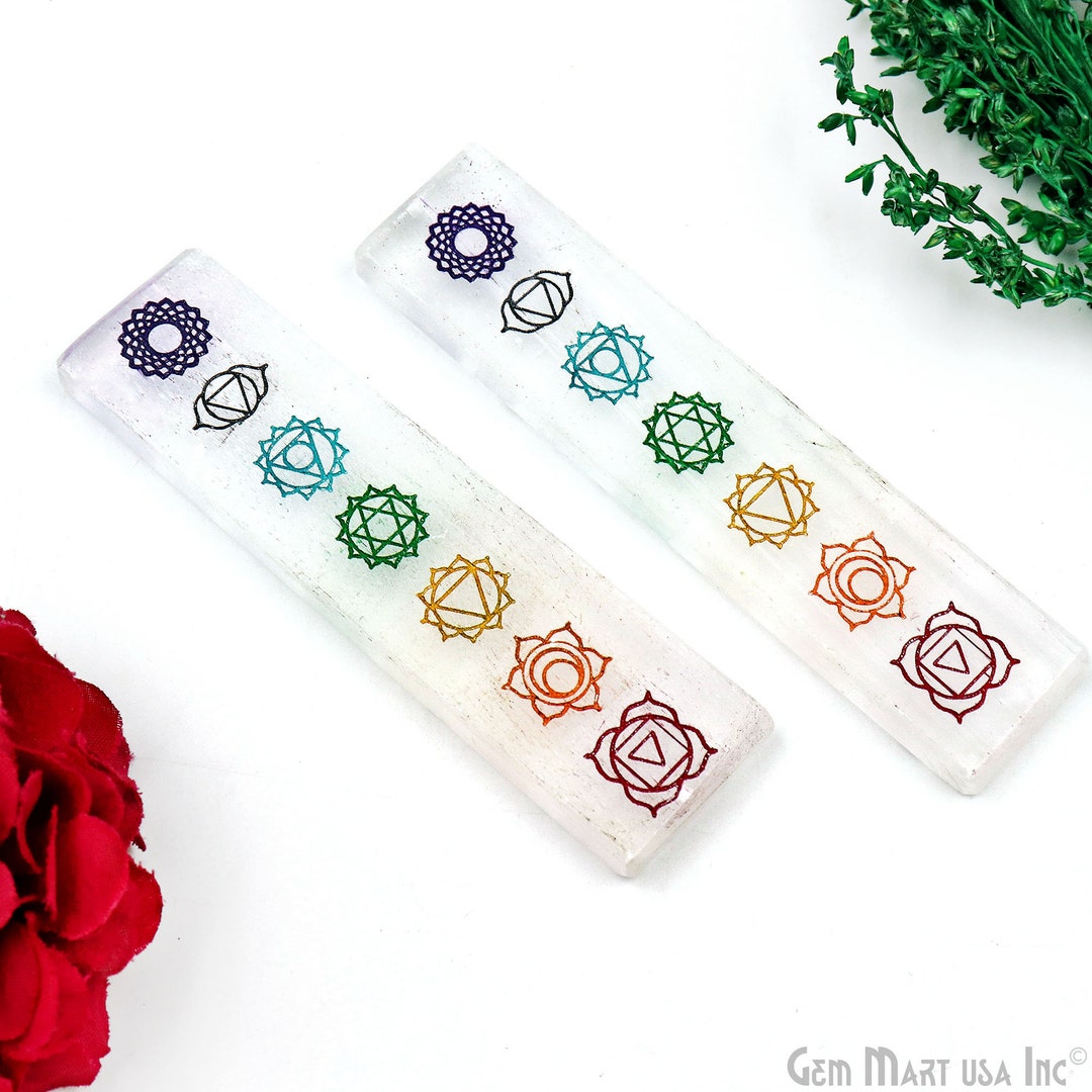 Selenite Rectangle Bar, 7 Chakra Symbols, Engraved Reiki Healing ...